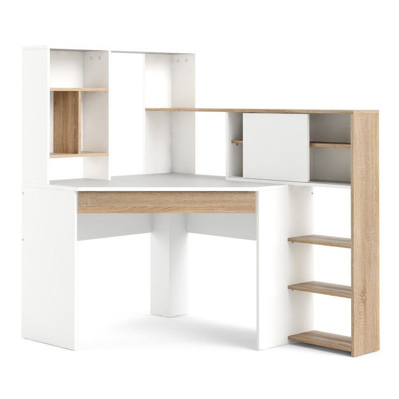 Corner Desk with multi-functional unit In White and Oak | The Furniture ...