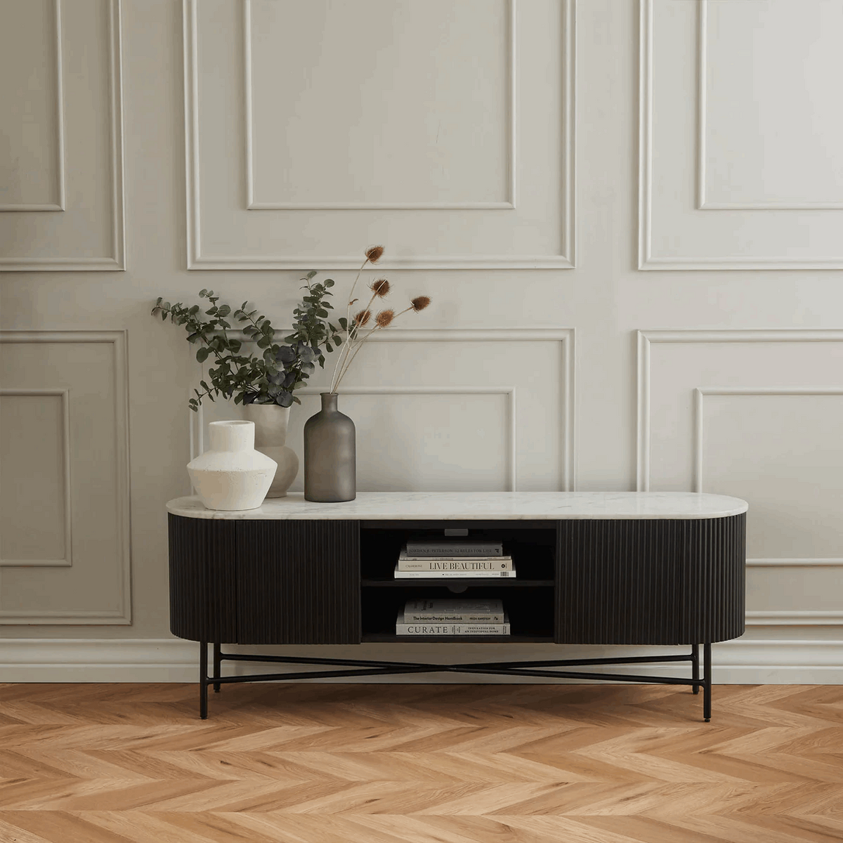 Miles Charcoal Fluted Mango & White Marble Extra Large Curved TV Unit ...