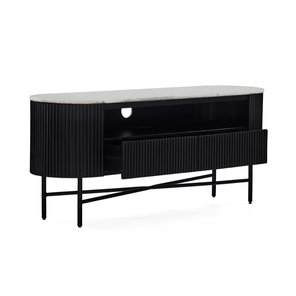 Miles Charcoal Fluted Mango & White Marble Extra Large Curved TV Unit ...