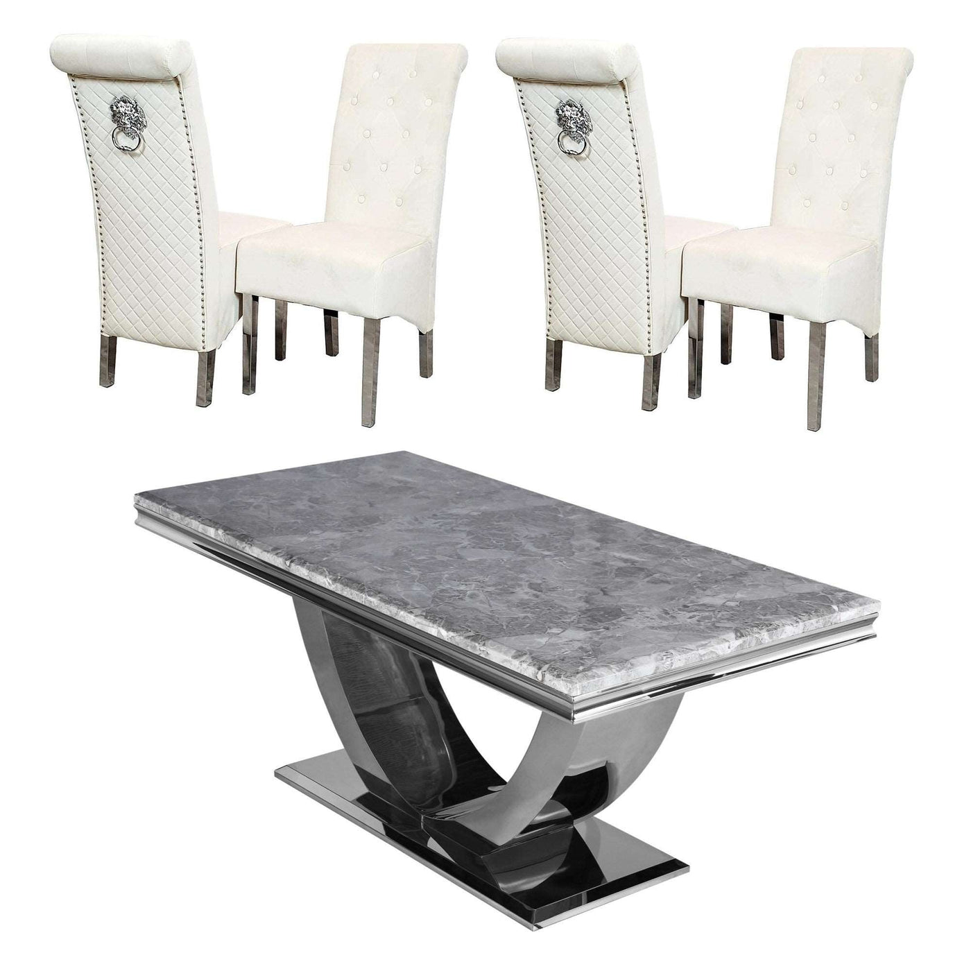 Ariel 1.8 Marble Dining Table & Sofia Velvet Lion Knocker Dining Chairs | The Furniture Mega Store