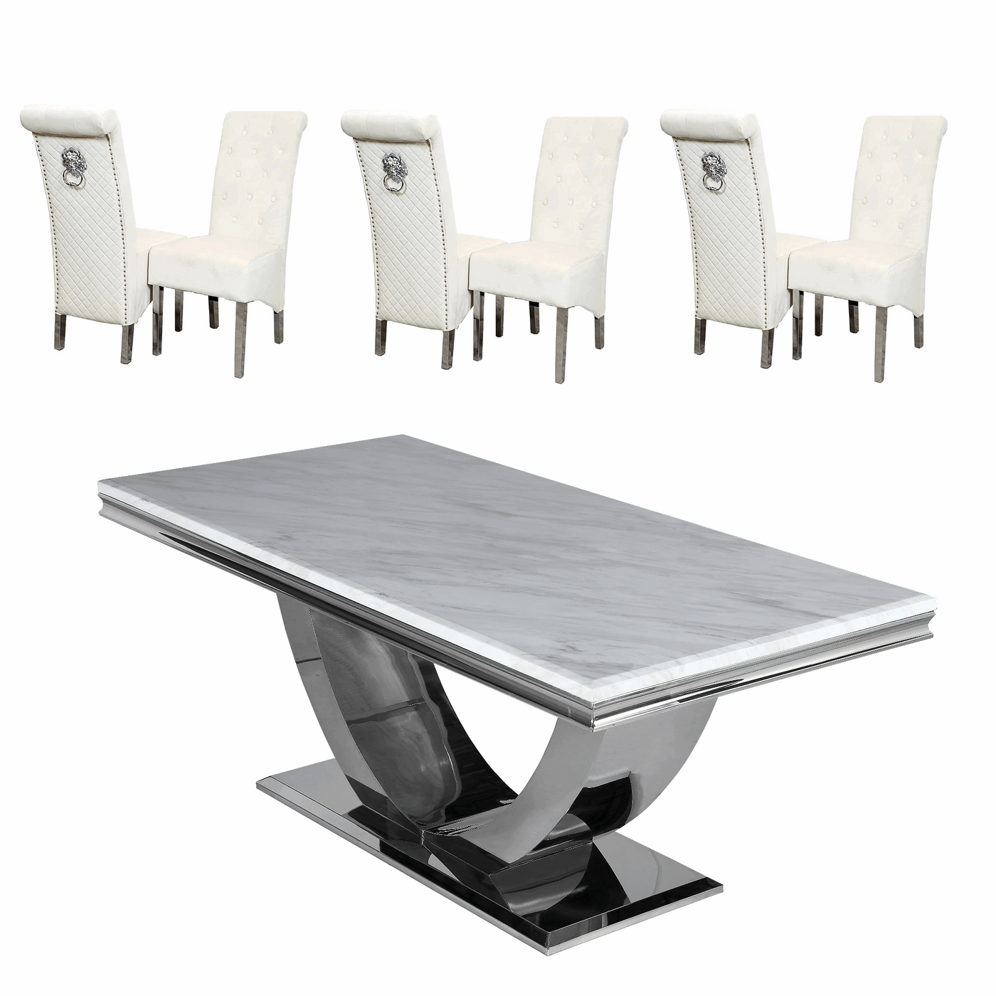Ariel 1.8 Marble Dining Table & Sofia Velvet Lion Knocker Dining Chairs ...