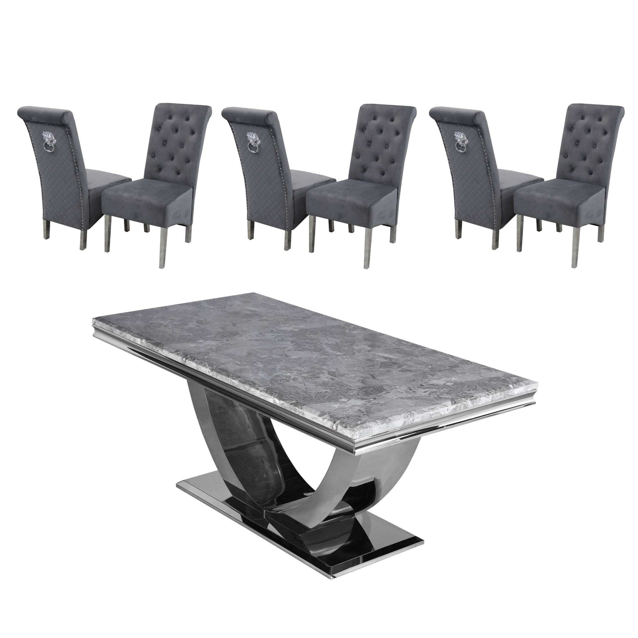 Ariel 1.8 Marble Dining Table & Sofia Velvet Lion Knocker Dining Chairs ...