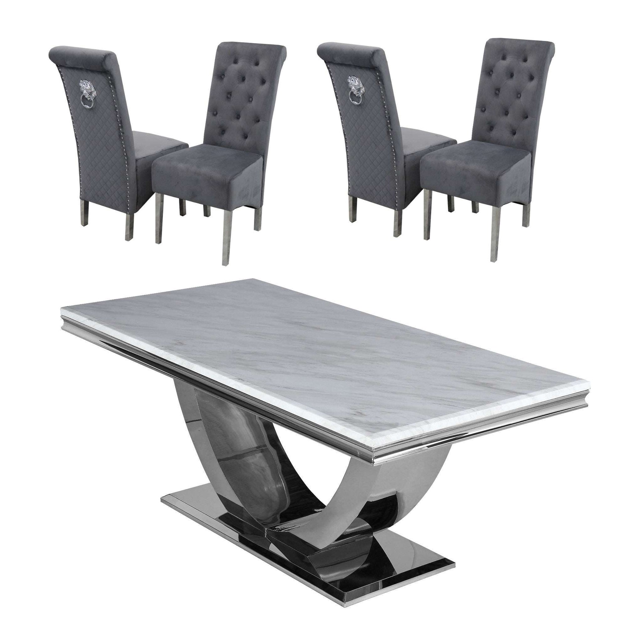 Ariel 1.8 Marble Dining Table & Sofia Velvet Lion Knocker Dining Chairs ...