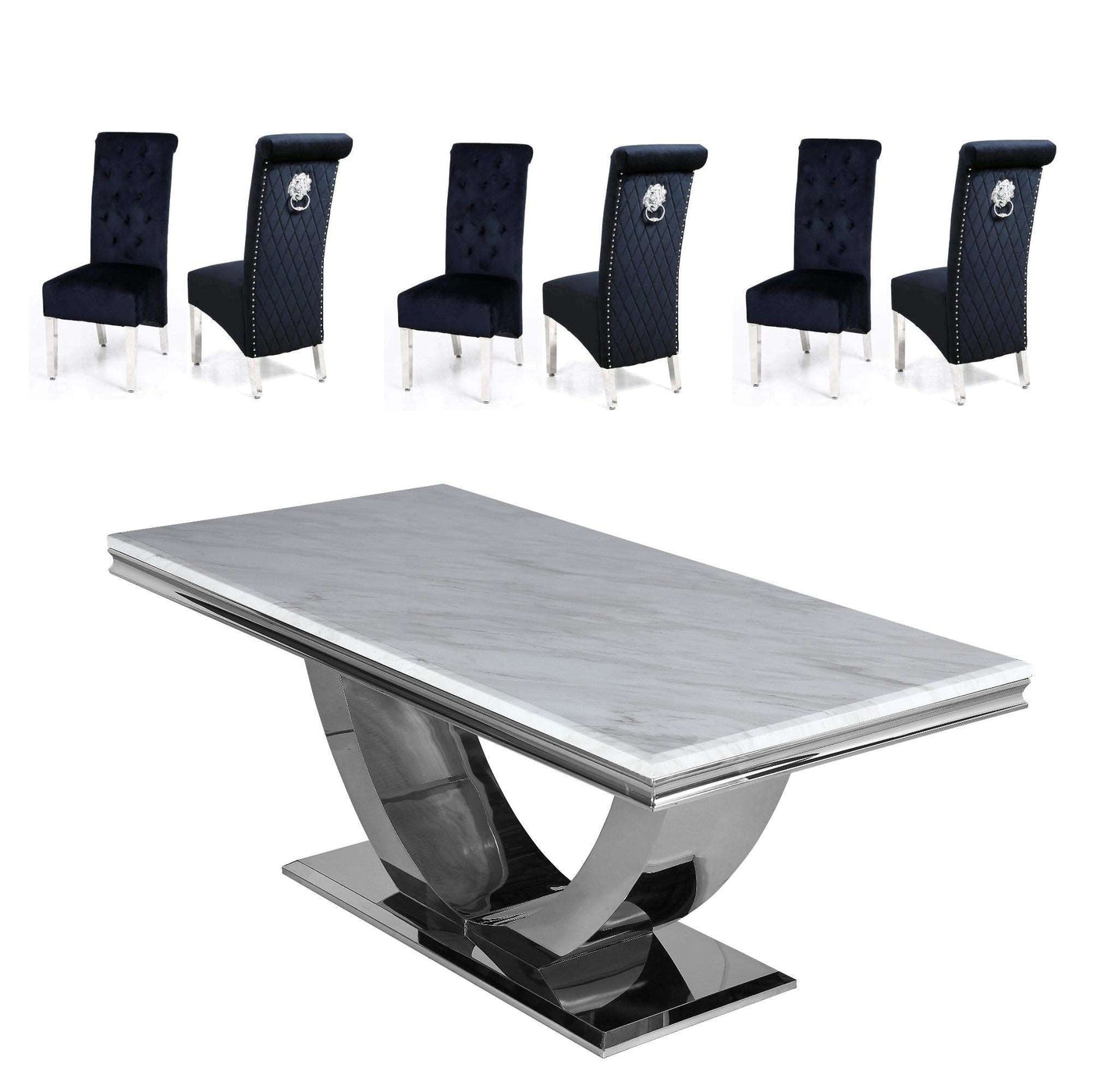 Ariel 1.8 Marble Dining Table & Sofia Velvet Lion Knocker Dining Chairs ...