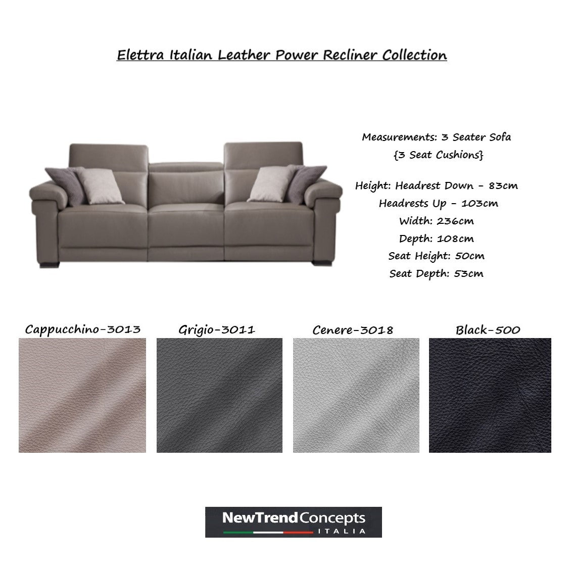 Elettra Italian Leather Power Recliner With Adjustable Headrests Sofa ...
