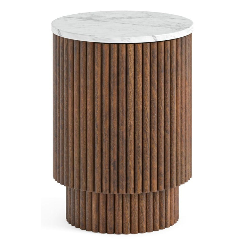 Milo Walnut Fluted Wood & Marble Top Round Side Table with 1 Door | The ...