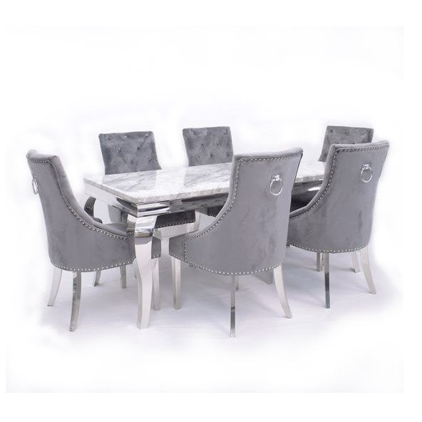 Louis 200cm Light Grey Marble Dining Table & 6 Cheshire Grey Velvet ...