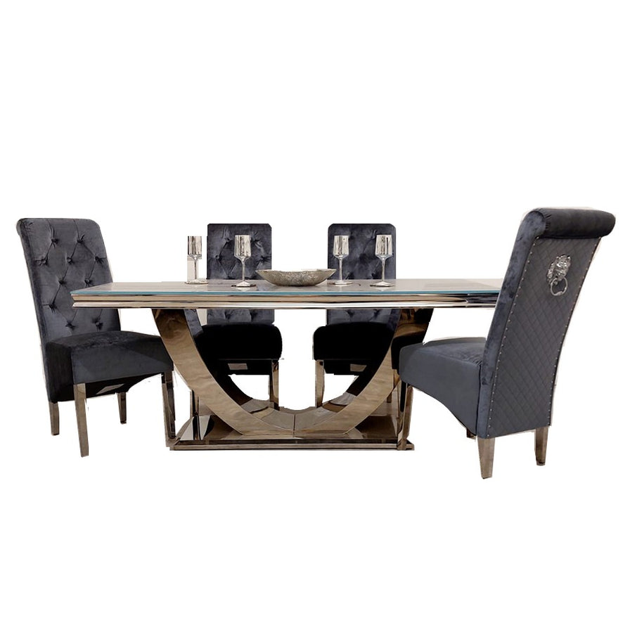 Ariel 1.8 Marble Dining Table & Sofia Velvet Lion Knocker Dining Chairs ...