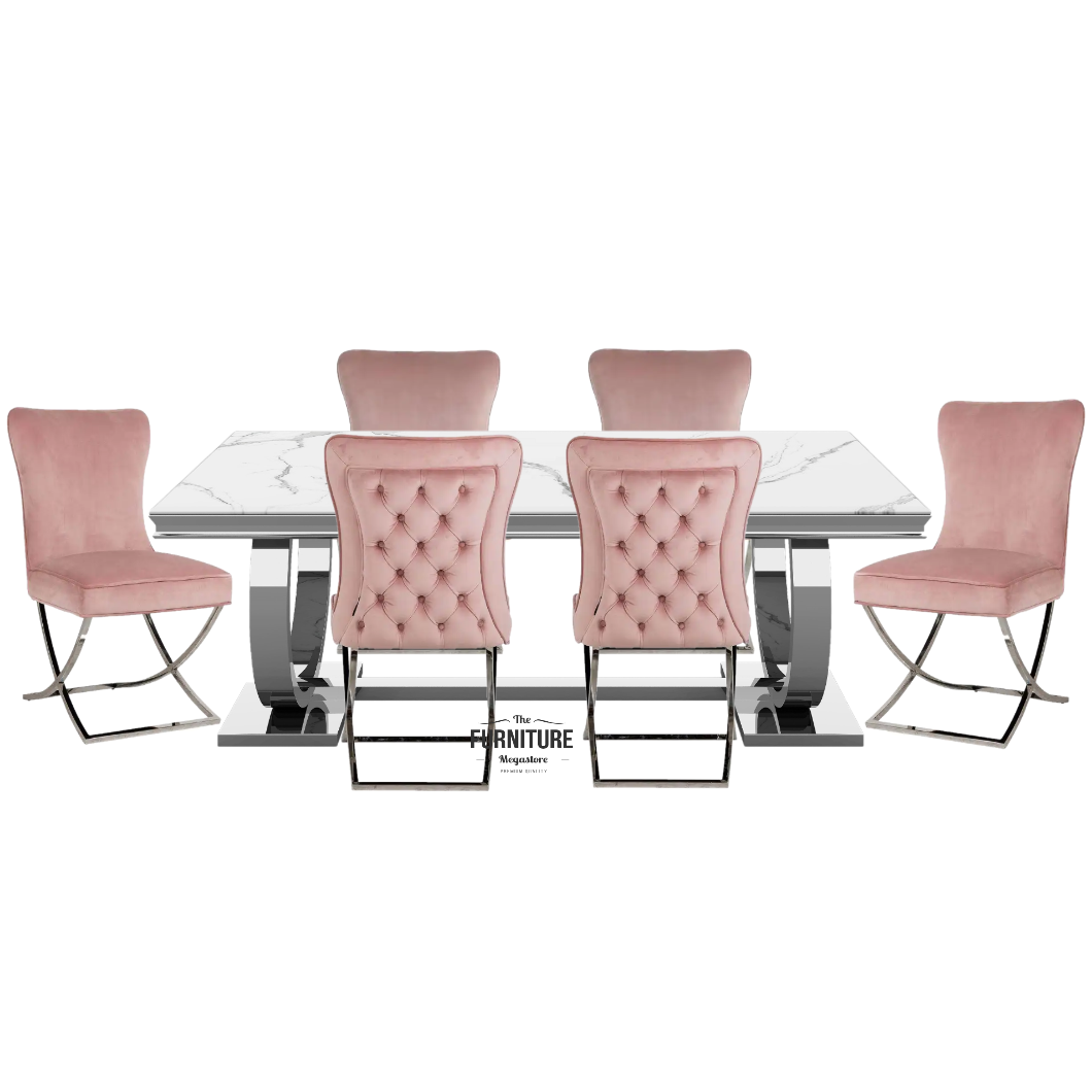 Chelsea 1.8 White Marble Dining Table & 6 Knightsbridge Pink Velvet Cross Leg Dining Chairs ...